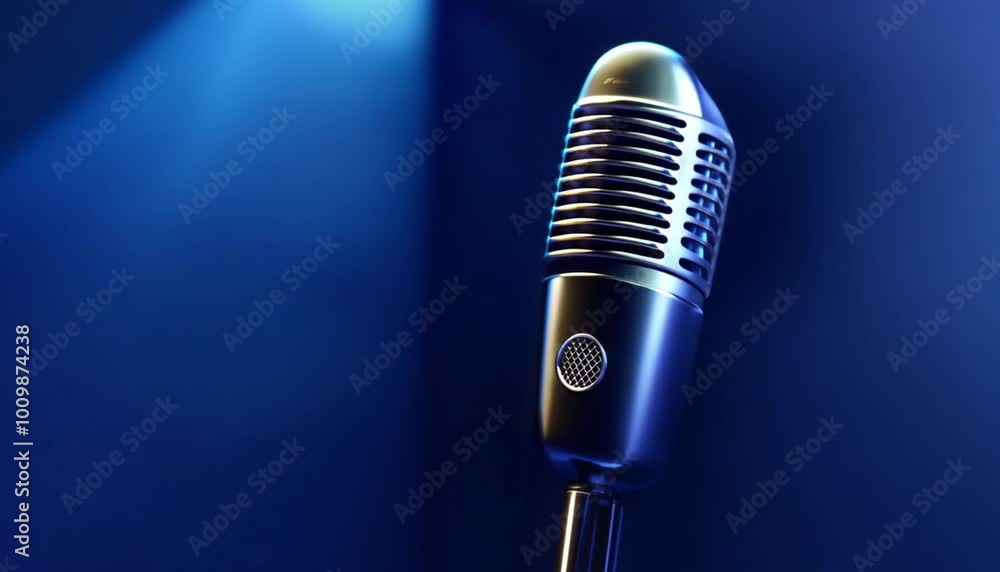 microphone on stage with blue light background. Microphone close-up ...