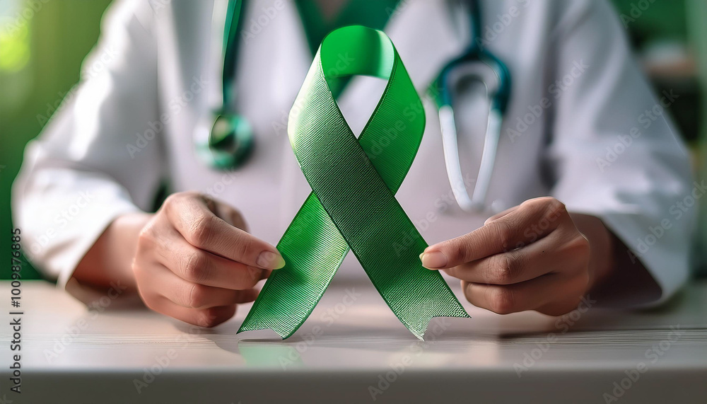 world bipolar day, green ribbon symbol on blurred background Green ...