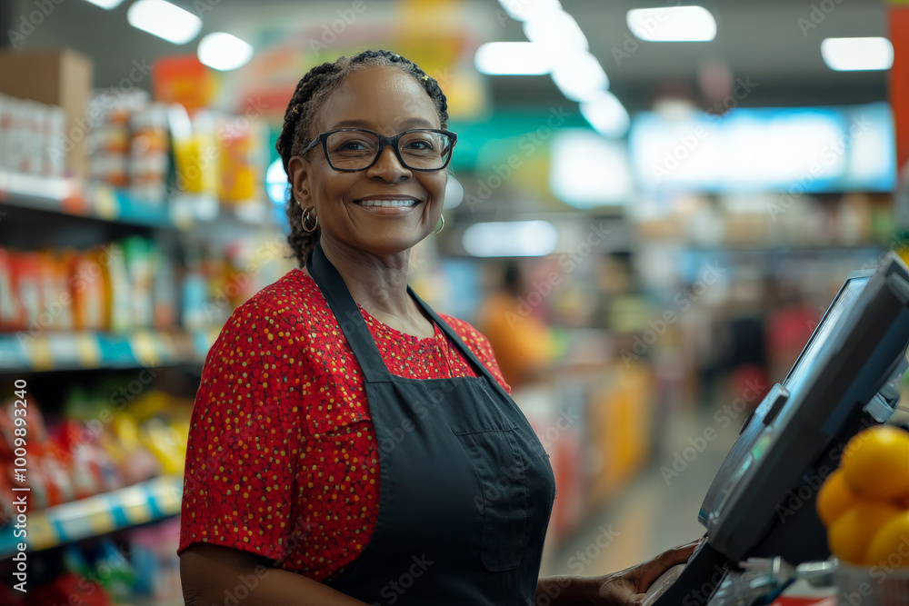 A middle-aged Black female cashier stands proudly at her checkout ...
