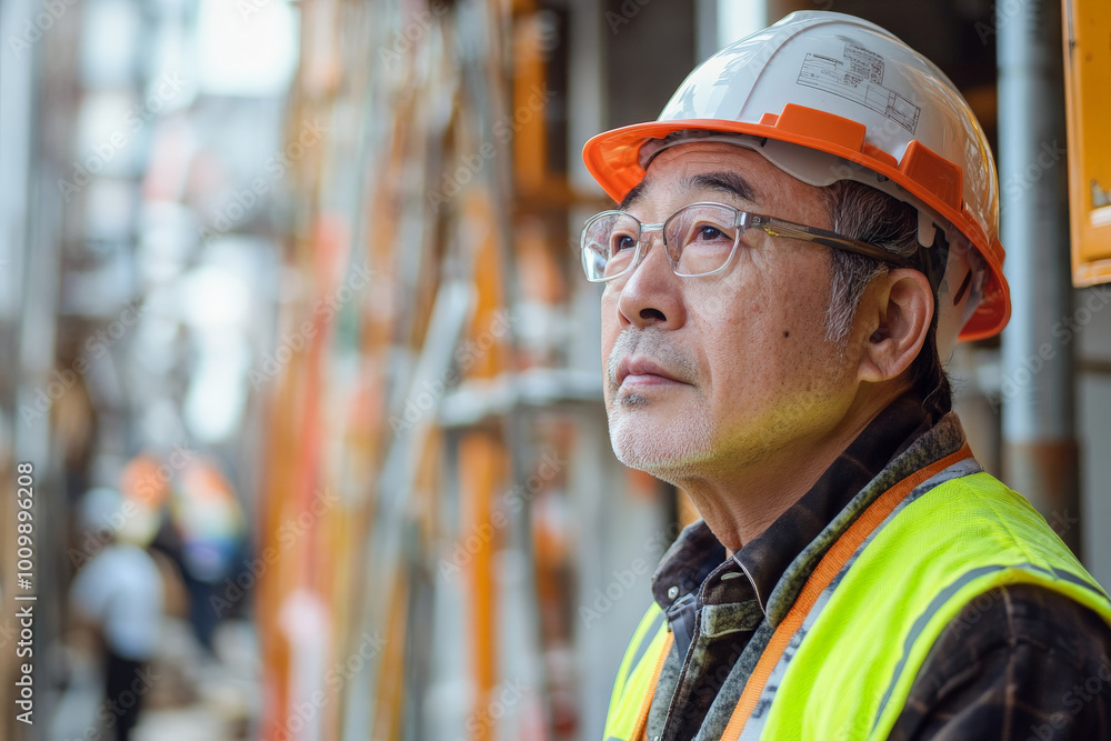 A senior Japanese construction worker in a hard hat and safety vest ...
