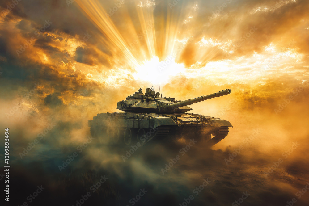 An impressive double-exposure image featuring a tank advancing through ...