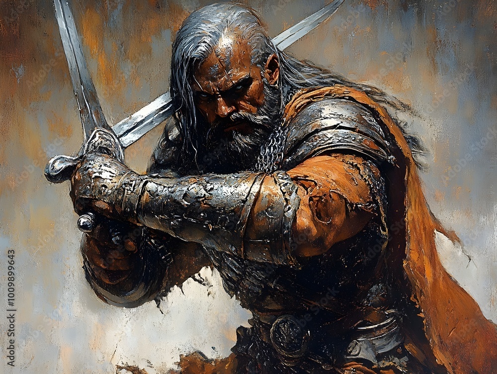 A fierce, bearded warrior with long grey hair, clad in metal armor ...