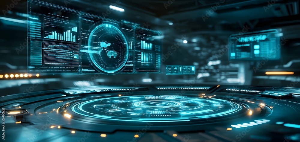 Futuristic control room with digital interfaces and holographic displays showcasing advanced ...