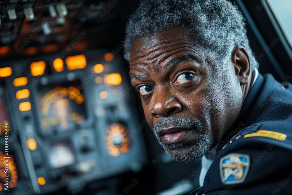 A middle-aged Black pilot displaying a look of panic as he frantically ...
