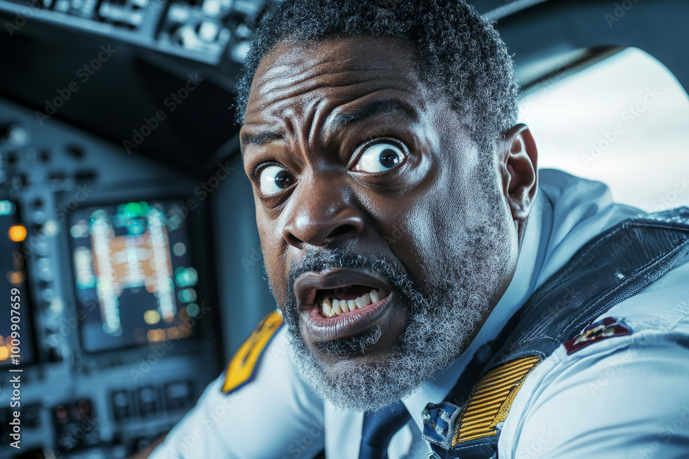 A middle-aged Black pilot displaying a look of panic as he frantically ...