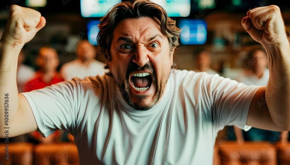 Excited football fan celebrating his national team at a thrilling live ...