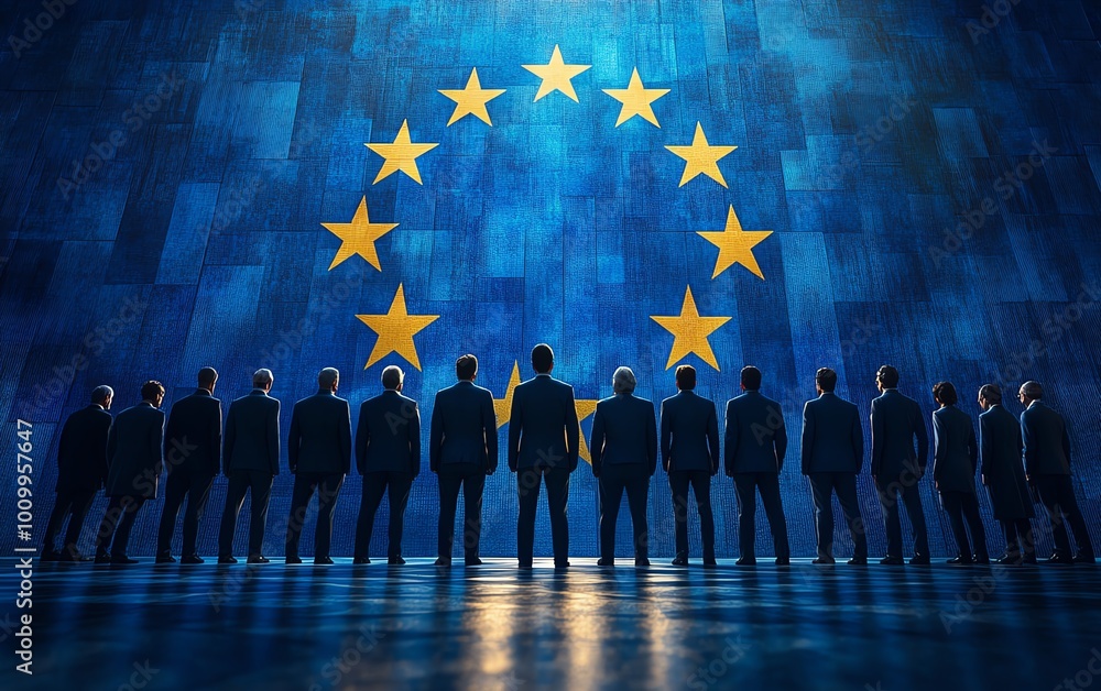 Formal politicians in the EU Parliament with their backs to the viewer ...