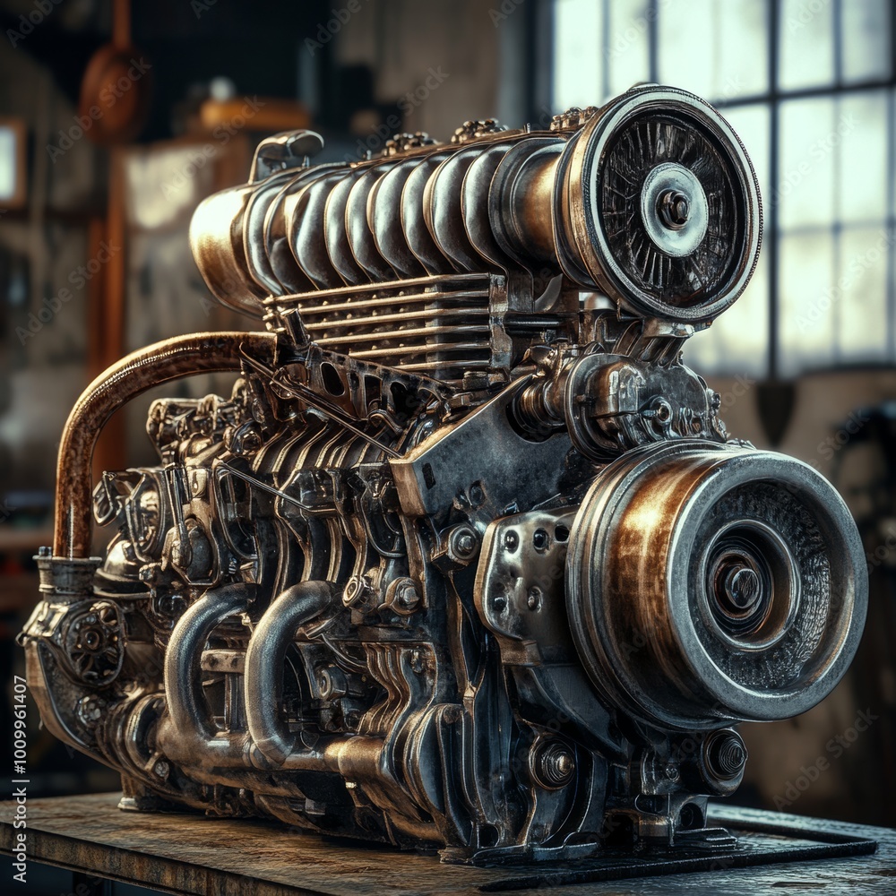 A detailed close-up of a complex supercharger engine showcasing ...