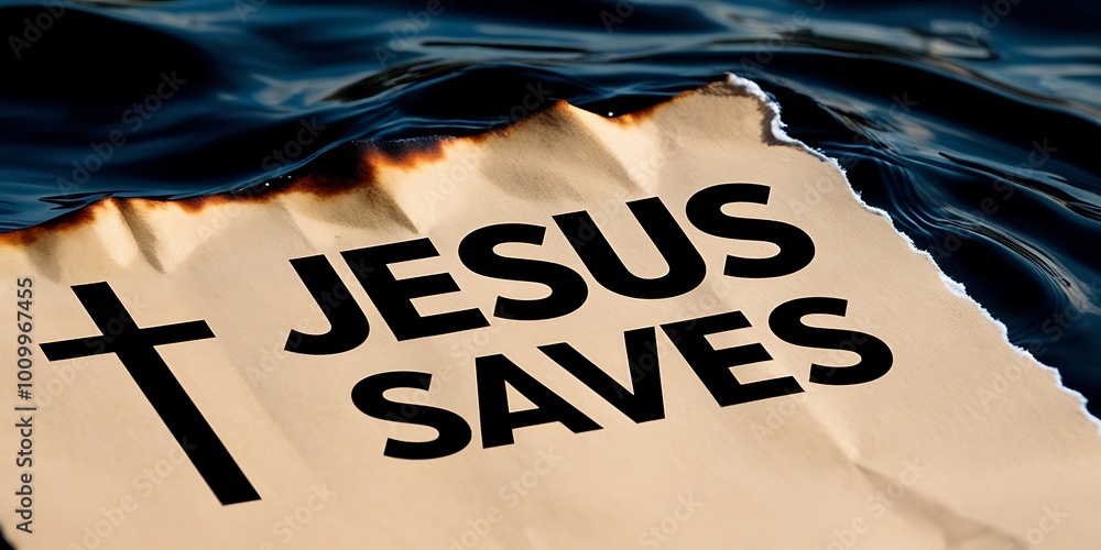 Paper note with Christian cross symbol and text Jesus saves floating on ...