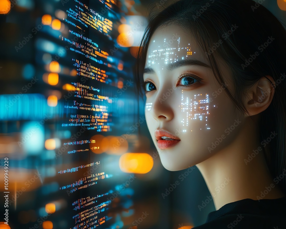 Asian Female Software Developer at Work Computer Screen with Code ...