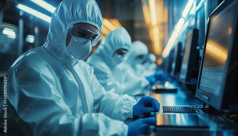 SterileSuited Technicians in Electronics Factory Semiconductor ...