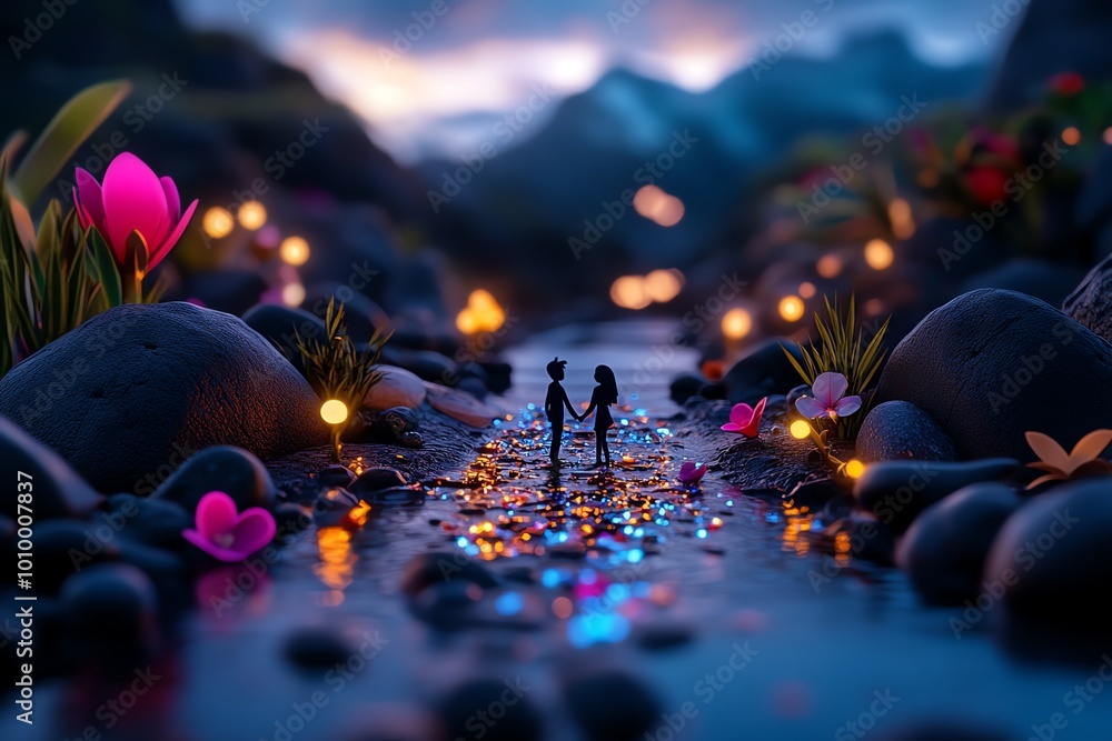 3D-rendered farewell scene in a digital world, where two figures part ...