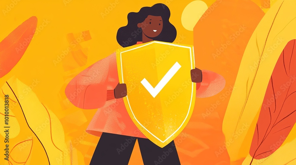 A confident individual holding a shield prominently featuring a check ...