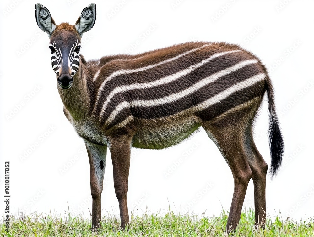zebra duiker stands poised, showcasing its unique striped coat and ...