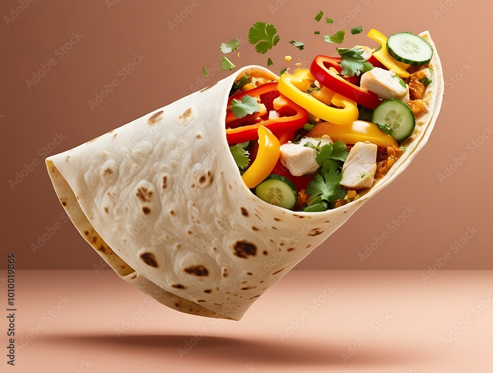 Flying falling tortilla, a delicious Mexican ingredient, representing a ...