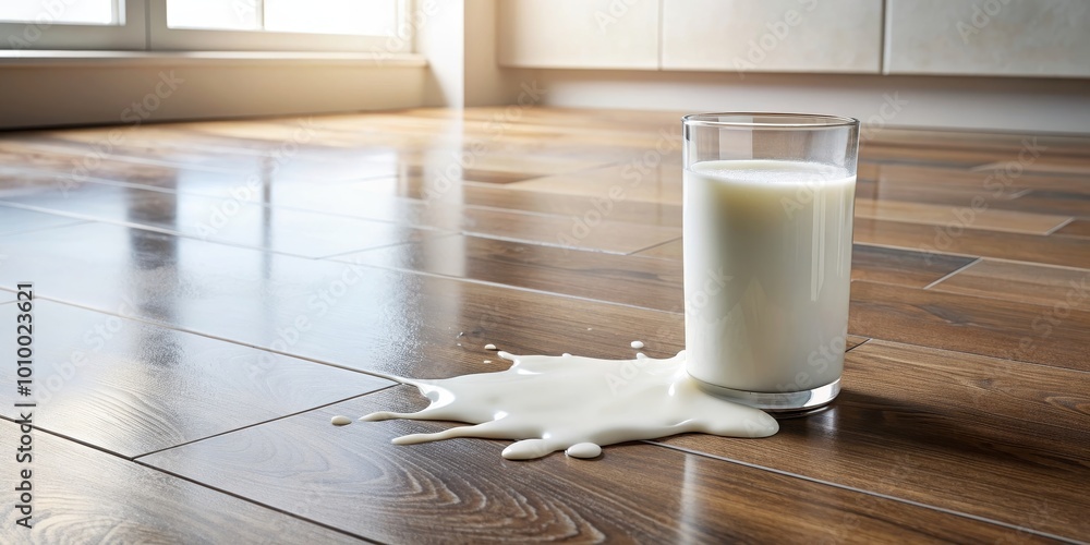 Milk spilled on the floor creating a messy accident, spill, dairy ...
