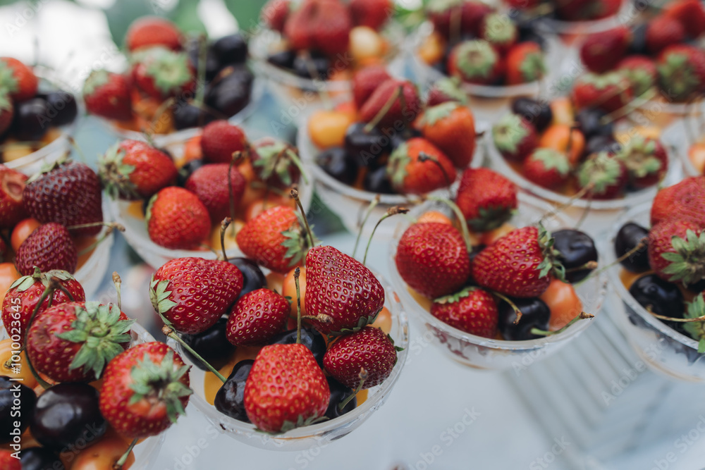 Beautifully decorated banquet catering table, assortment variety of ...