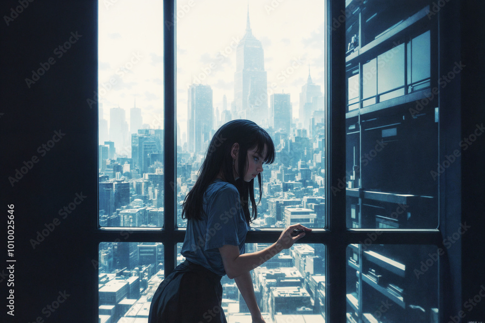 a young girl looking out of a window with a view of a city skyline ...