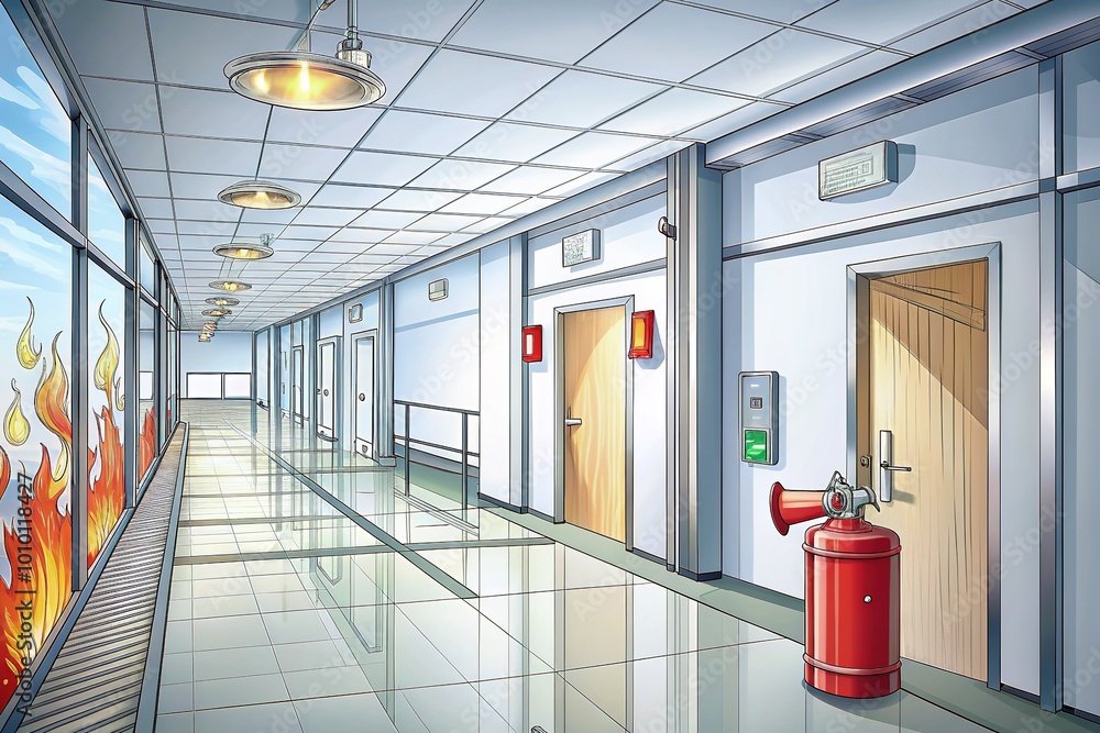 Empty office building hallway with evacuation signs, alarm lights ...