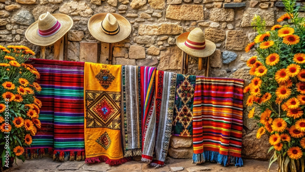 Vibrant woven textile featuring traditional Mexican patterns, colors ...