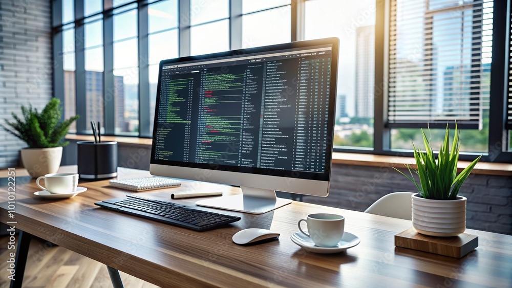 Modern sleek desktop computer with large monitor displaying coding ...