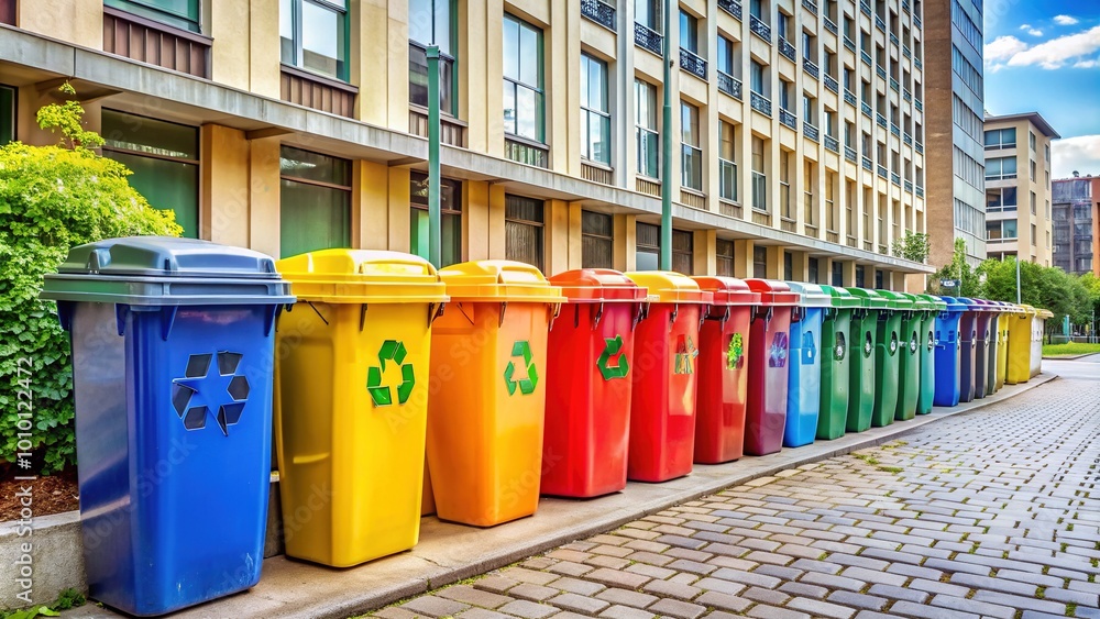 Colorful plastic bins lined up for recycling and waste segregation with ...