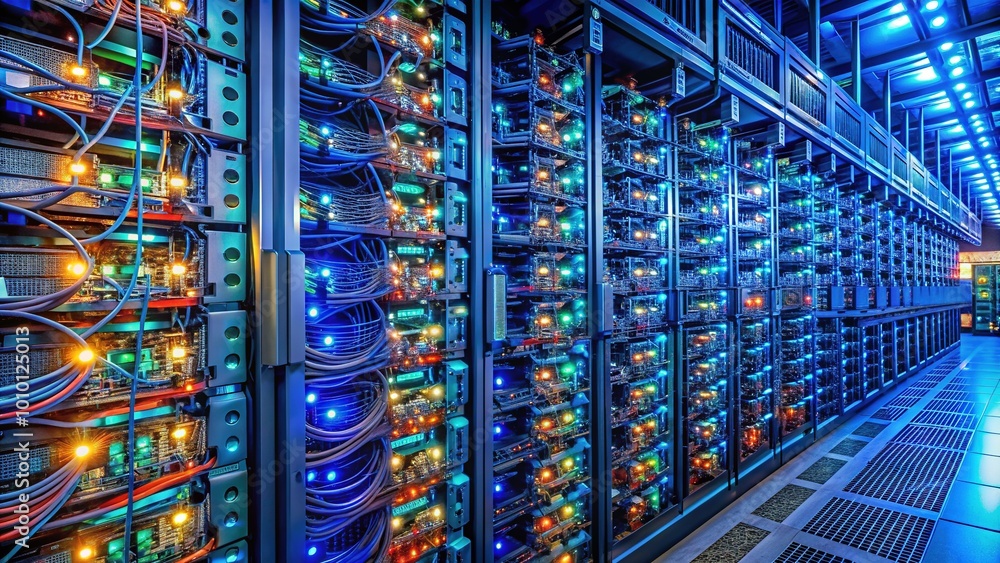 Racks of densely packed servers with blinking lights and cables forming ...