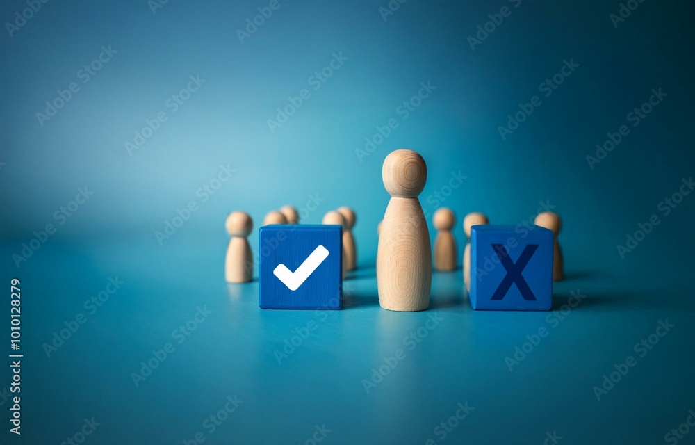 Wooden figures stand in front of blue blocks with checkmark and X ...