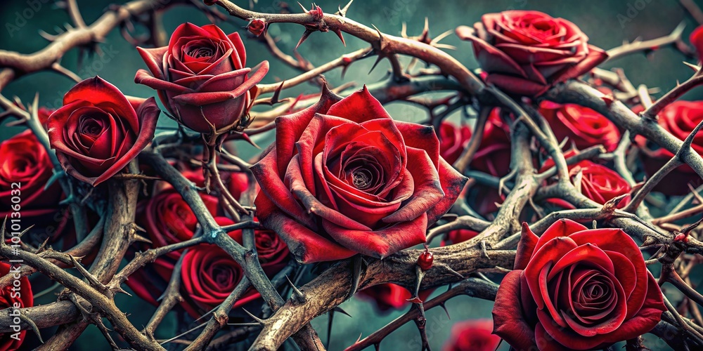 Tangled, thorny curls of ivy and dry branches ensnare blood-red roses ...