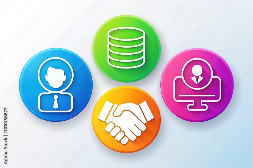 Colorful icons of a database, handshake, and customer support symbolize ...