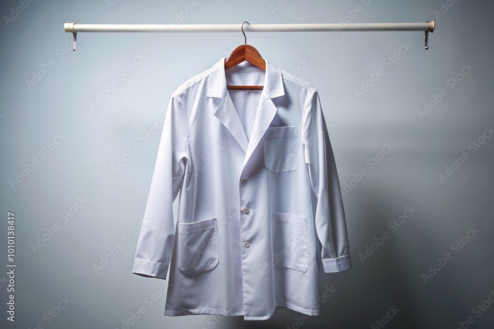 A crisp, white laboratory coat hangs neatly on a hanger, isolated on a ...