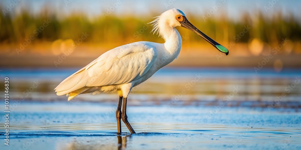 Large white wading bird with distinctive black spoon-shaped bill ...