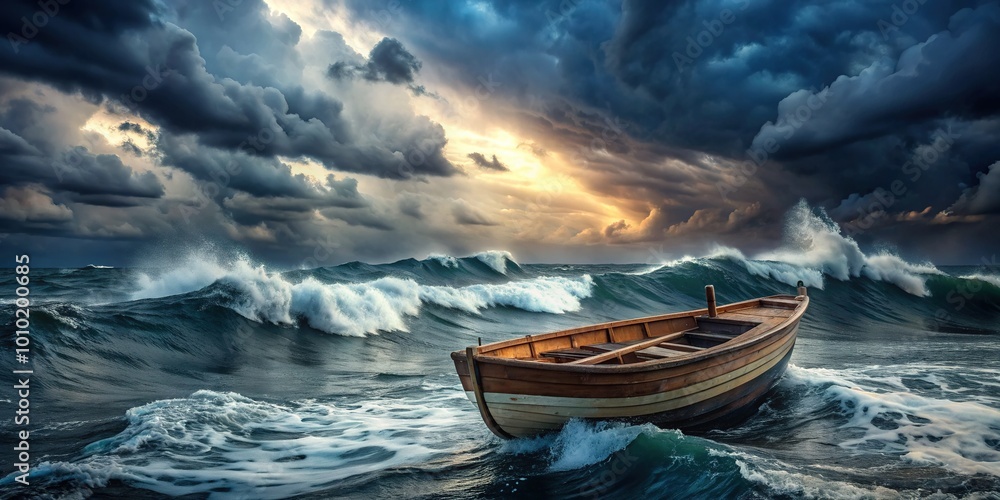 A dramatic, stormy scene depicting a solitary, worn wooden boat ...
