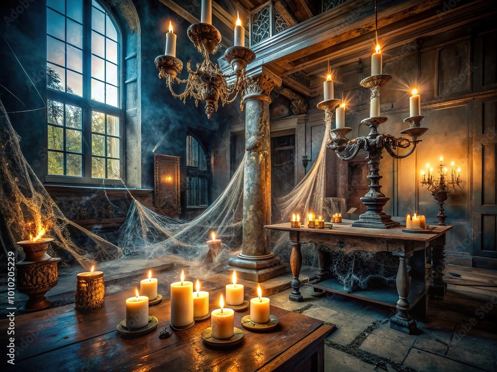 Eerie, dimly-lit abandoned mansion with cobwebs, flickering candles, and antique artifacts ...