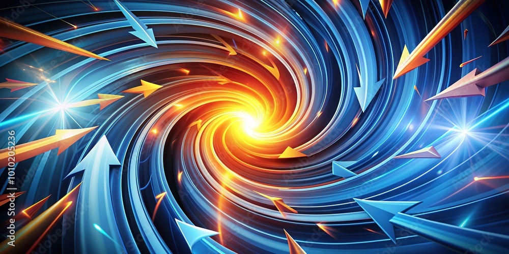 Dynamic abstract illustration of fast-moving arrows swirling together ...
