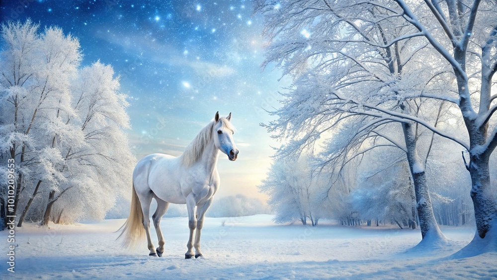 Snowflakes gently fall on a serene winter wonderland scene featuring a ...