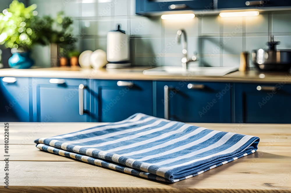 Photo Fabric,cloth on wood table top on blur kitchen counter (room ...