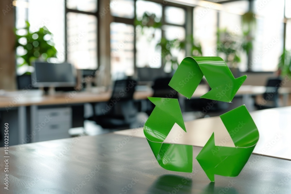 Green recycle symbol icon sign with professional environment background ...