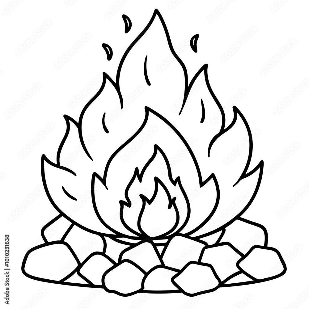 burning campfire with stones outline coloring book page line art ...