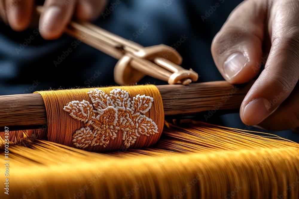 Hyper-realistic image of an artisan weaving Thai silk, with the texture ...