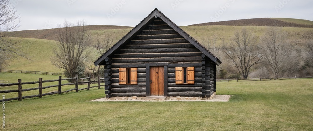 The cabin is constructed from dark, weathered logs, with a steeply ...