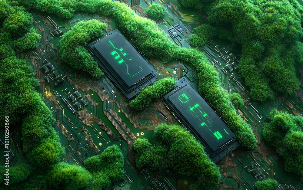 Ecotech illustration, circuit board entangled with lush green grass ...
