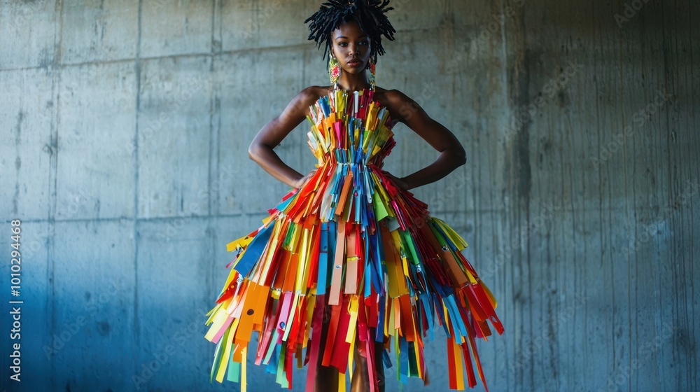Person wearing a strikingly unique outfit, such as a dress made from ...