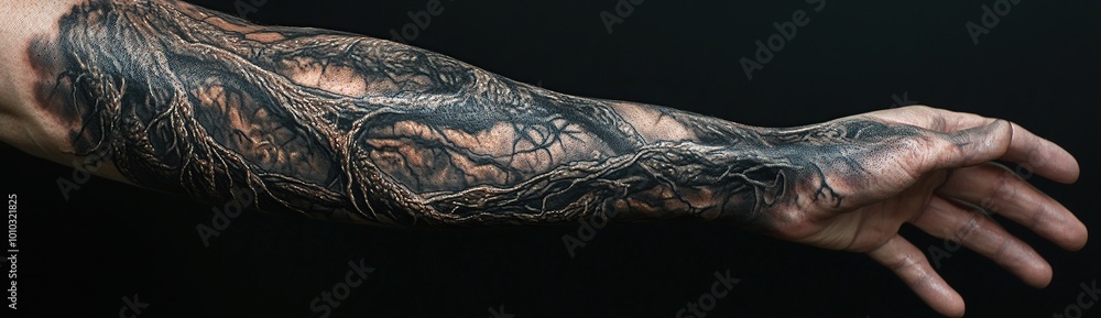 A detailed tattoo of roots growing through the arm and a black and grey ...
