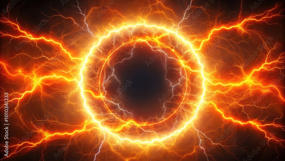 Fiery orange energy effects with electric lightning circle and ...