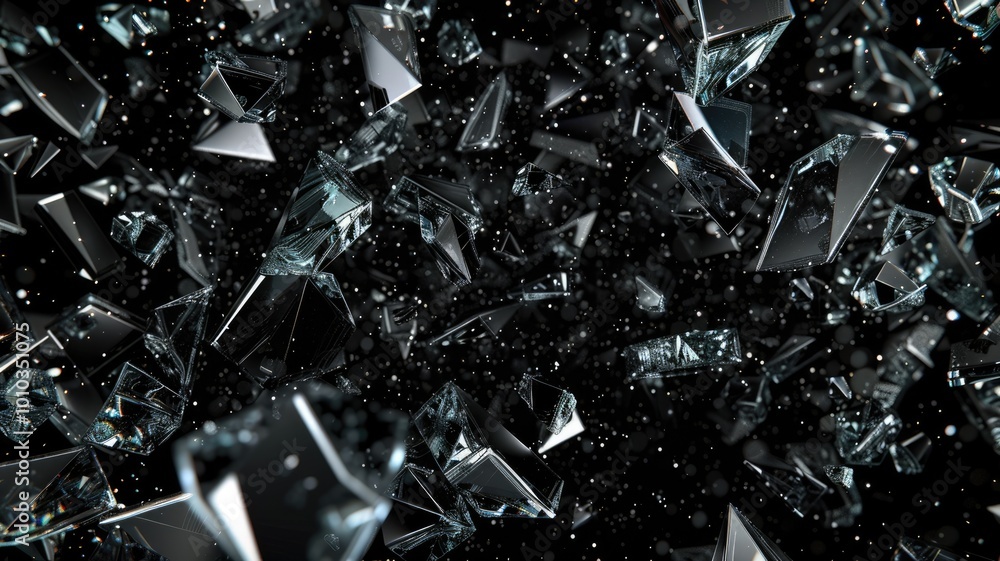 Shattered glass fragments in mid air on a dark background. Fragment of ...