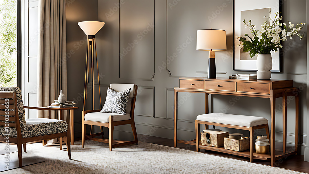 An elegant interior setup with a wooden chair, console table, and chic ...