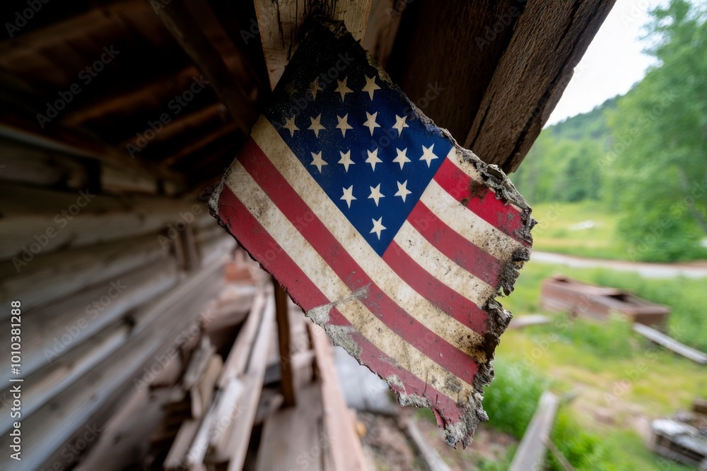A torn flag hanging in a forgotten corner, its colors faded but its ...