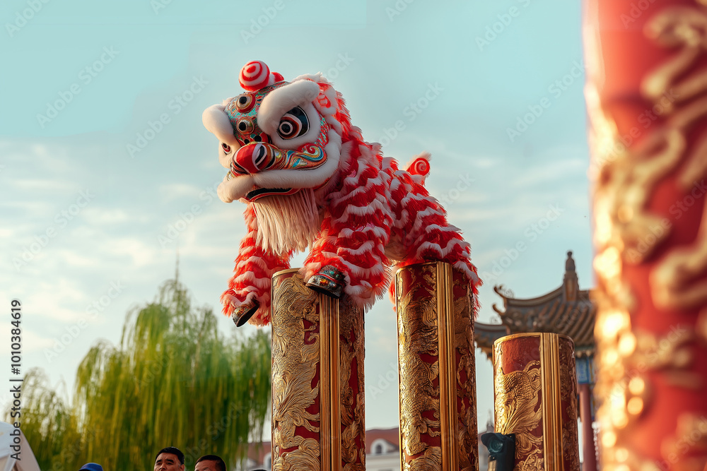 Thrilling Lion Dance Performance on Poles, Radiating Joy and Tradition ...