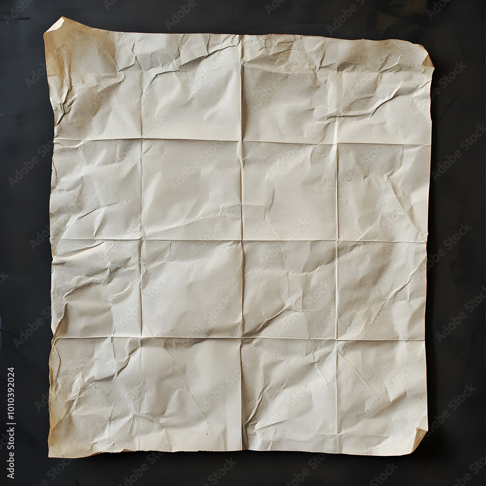 Crumpled paper note taped on all four corners, with some edges slightly ...